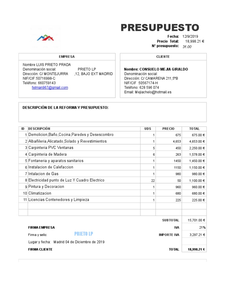 Plantilla Presupuesto de Reforma | PDF | edificio | Ingeniería de ...