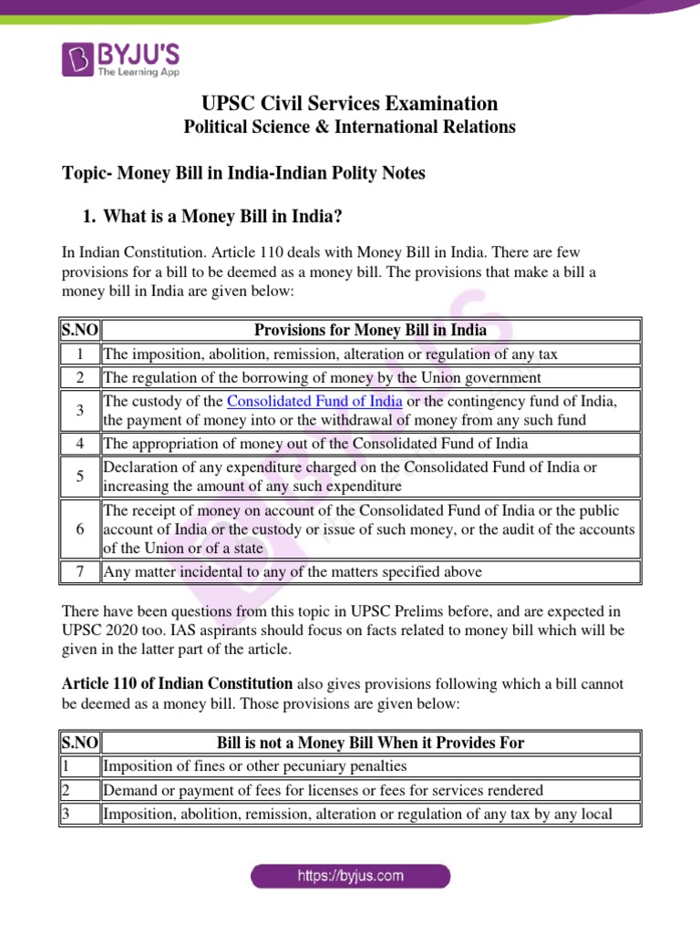 Money Bill in India Indian Polity Notes | PDF | Public Law | Government