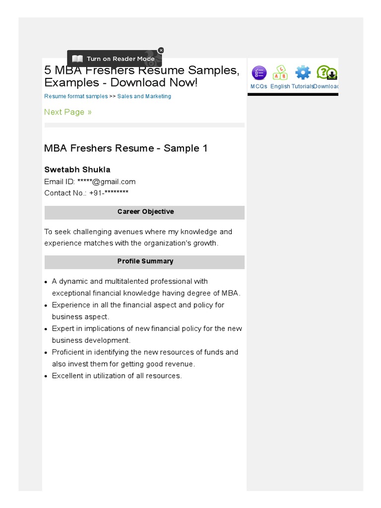 Mba Freshers Resume Format
