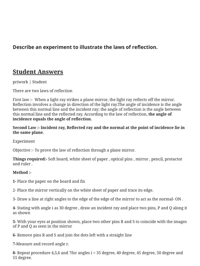 Experiment to Verify Laws of Reflection | PDF | Reflection (Physics ...
