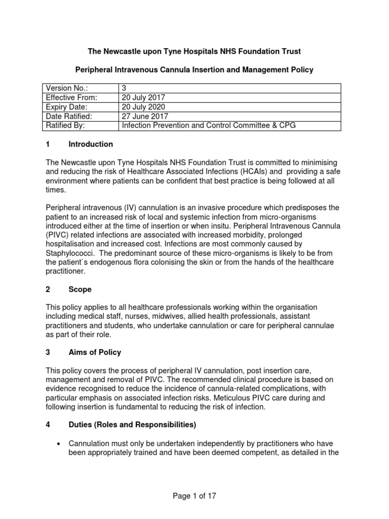 PIVC Insertion & Management Policy | PDF | Intravenous Therapy ...