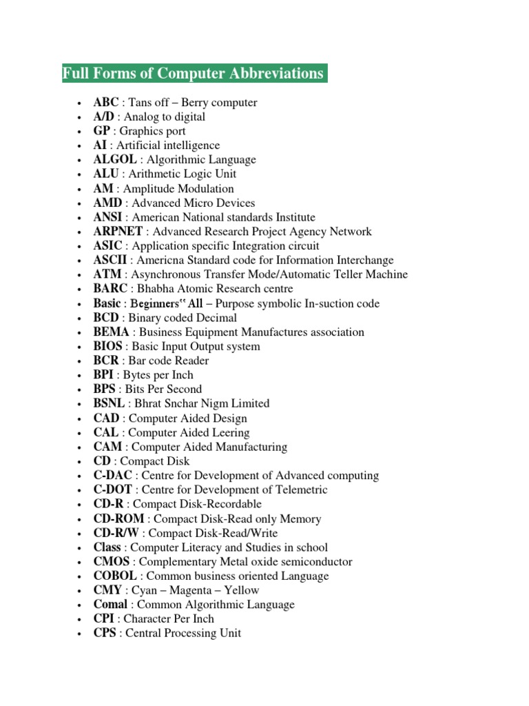 Full Forms of Computer Abbreviations | PDF | Random Access Memory ...