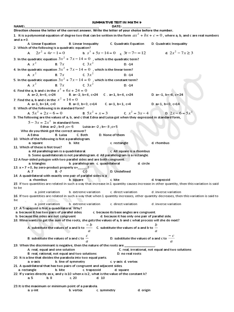 Summative Test in Math 9 | PDF | Rectangle | Space