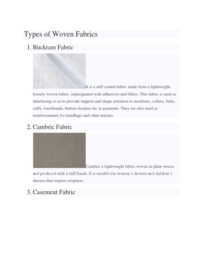 Types of Woven Fabrics | PDF | Textiles | Weaving