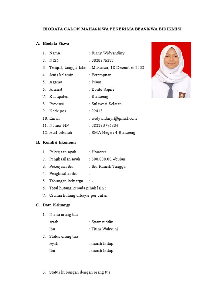 Biodata Calon Mahasiswa | PDF