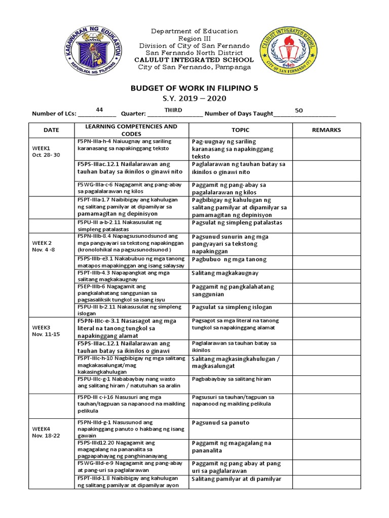 Budget of Work Filipino 5 3rd Latest | PDF