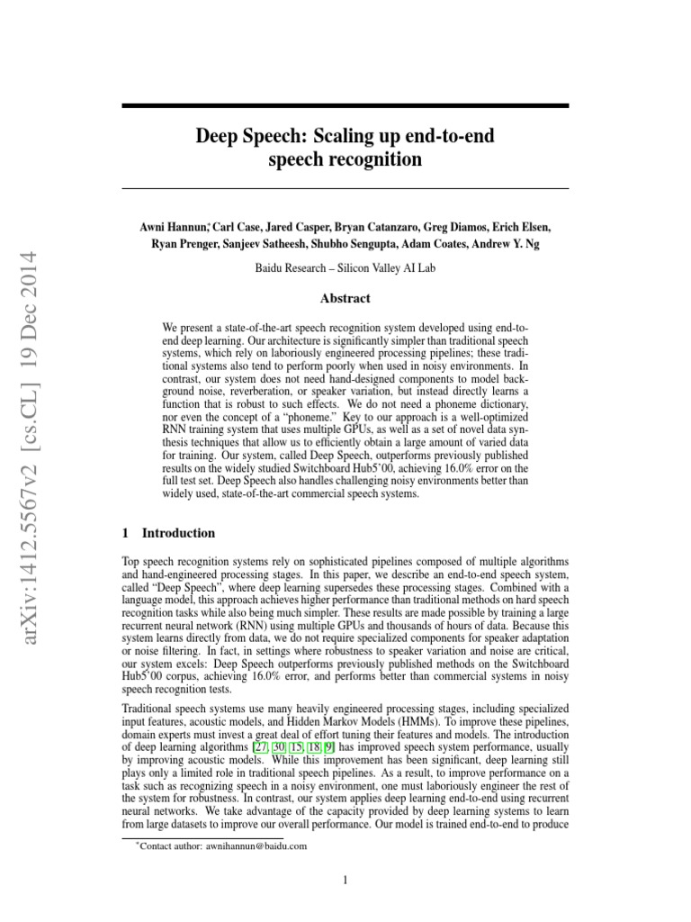 Deep Speech - Scaling Up End-To-End Speech Recognition | PDF | Deep ...