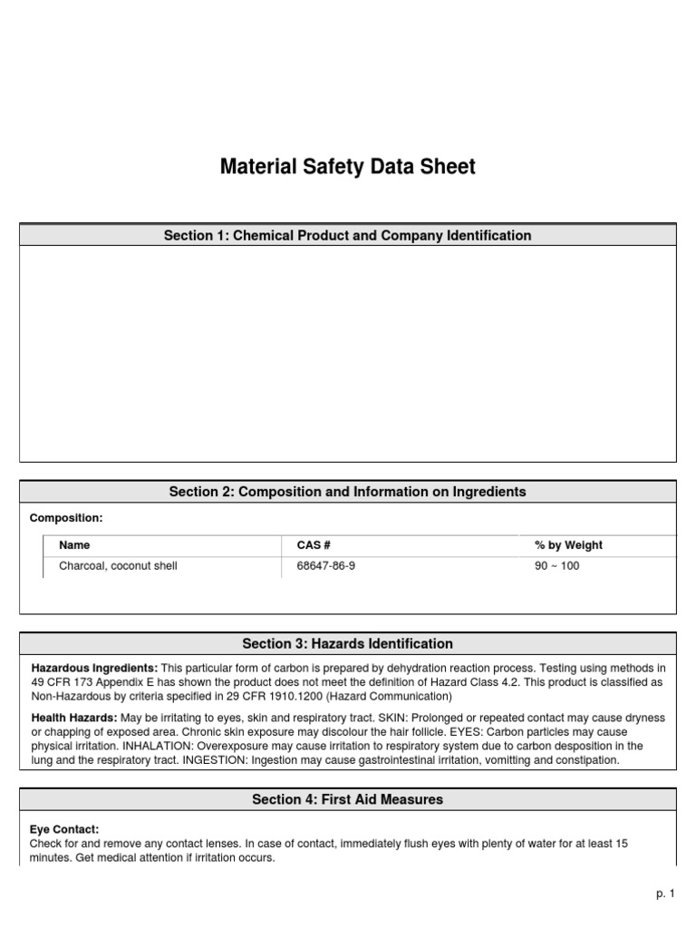 Coconut Shell Charcoal MSDS Summary | PDF | Fires | Toxicity