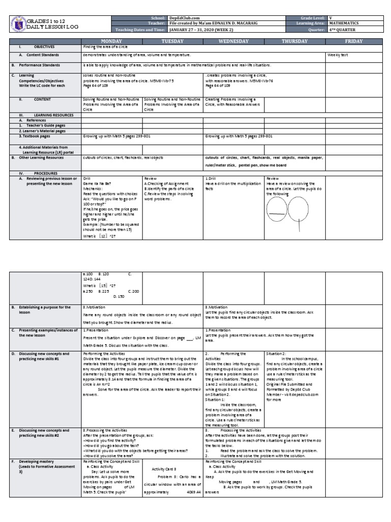 DLL - Mathematics 5 - Q4 - W2 | PDF | Area | Differentiated Instruction