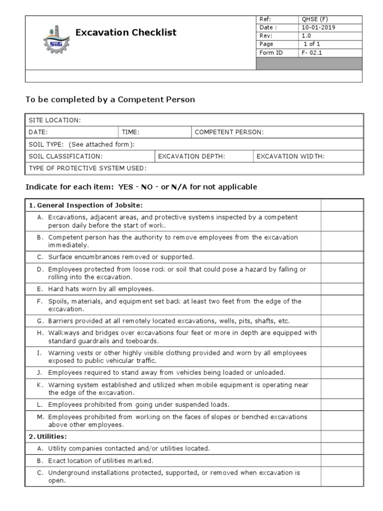 Excavation Checklist | PDF | Safety | Nature