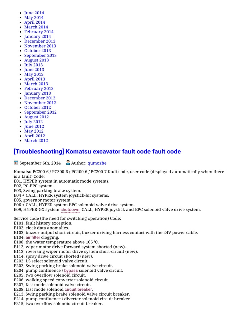 Komatsu Excavator Fault Codes Guide | PDF | Throttle | Jet Engine