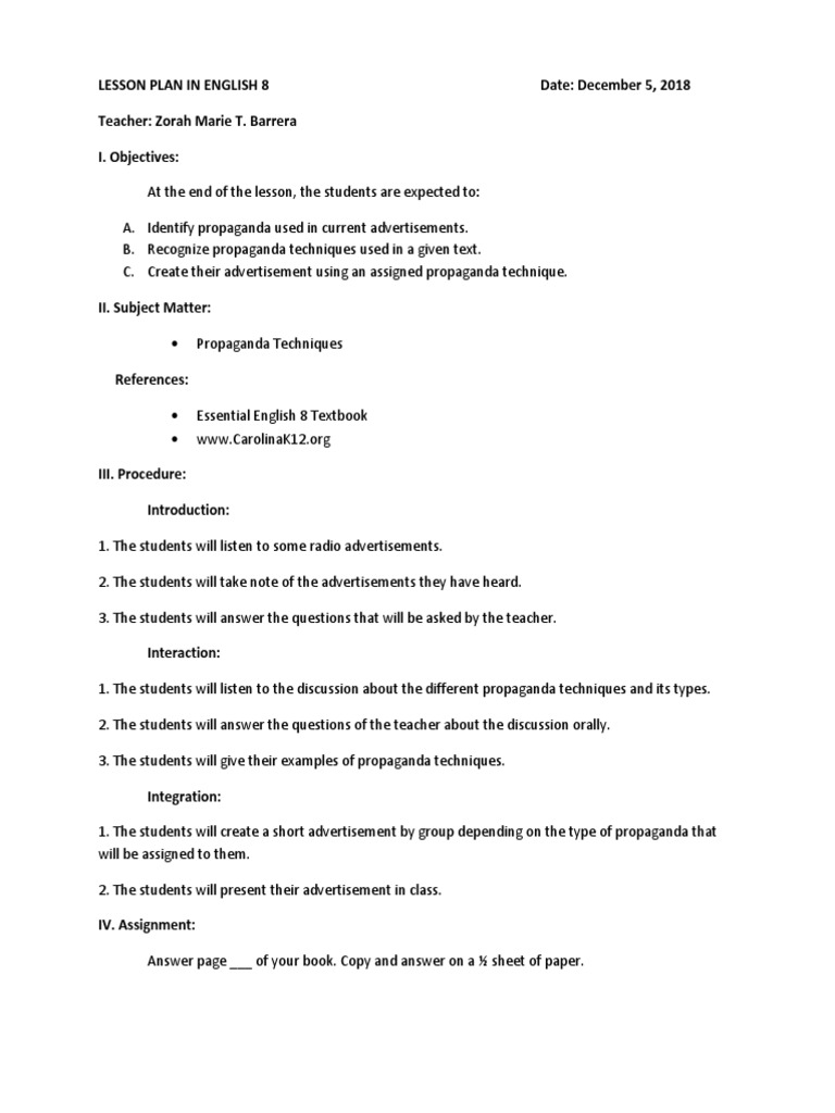 English 8 Lesson Plan Propaganda Techniques | PDF