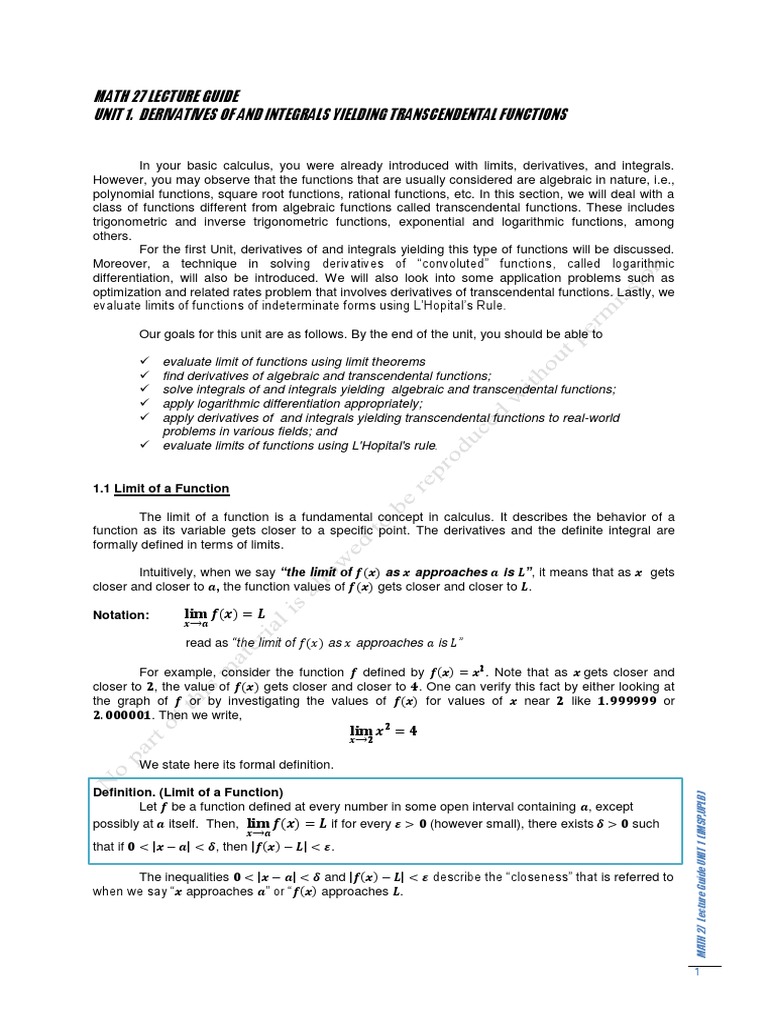 MATH 27 LECTURE GUIDE: DERIVATIVES AND INTEGRALS OF TRANSCENDENTAL ...