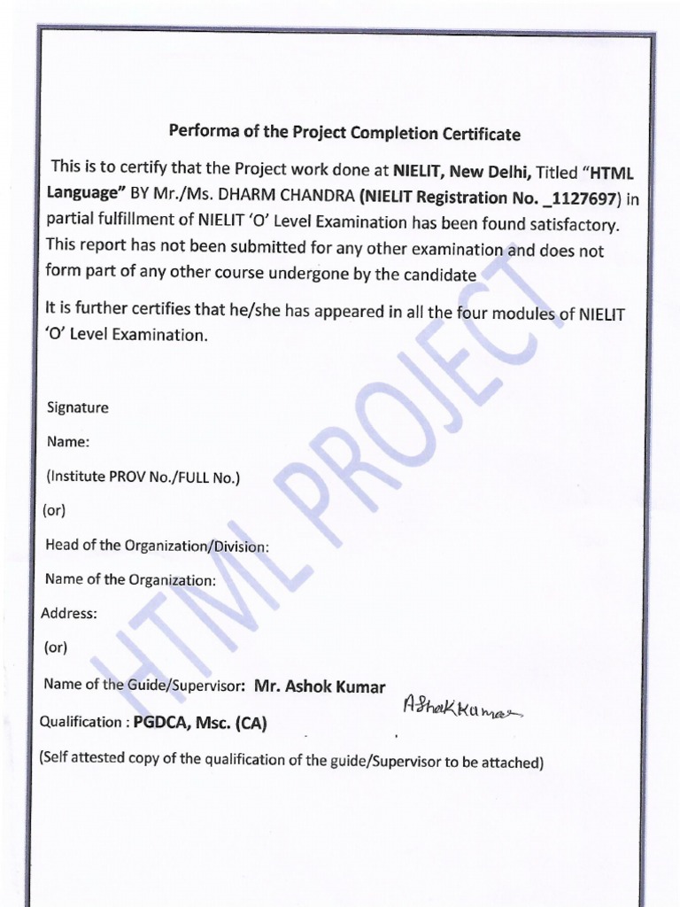 O Level Project Proforma With Signature | PDF