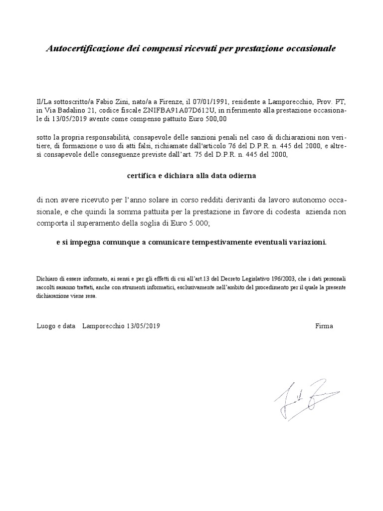 Autocertificazione Compensi Per Prestazione Occasionale PDF | PDF