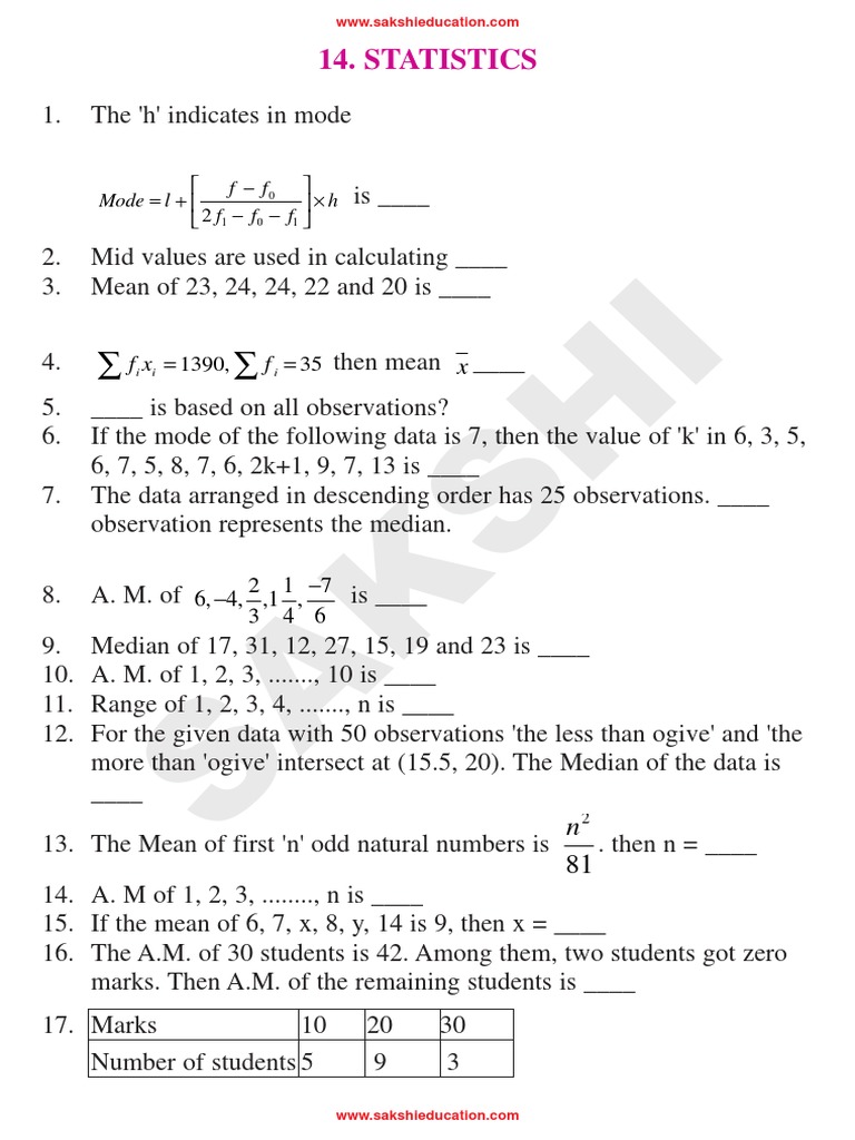 Statistics concepts and formulas | PDF | Mode (Statistics) | Arithmetic ...