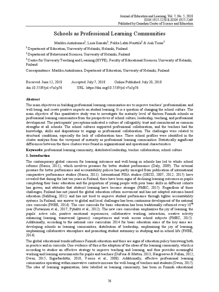 Schools As Professional Learning Communities Pdf Leadership Teachers