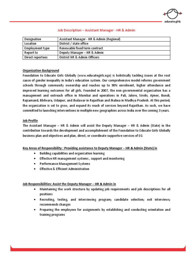 Job Description - Assistant Manager - HR Admin | PDF | Human Resources ...