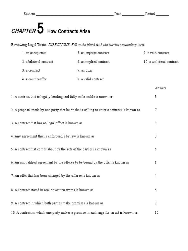 Chapter 5 Worksheets Key | PDF | Offer And Acceptance | Legal Ethics