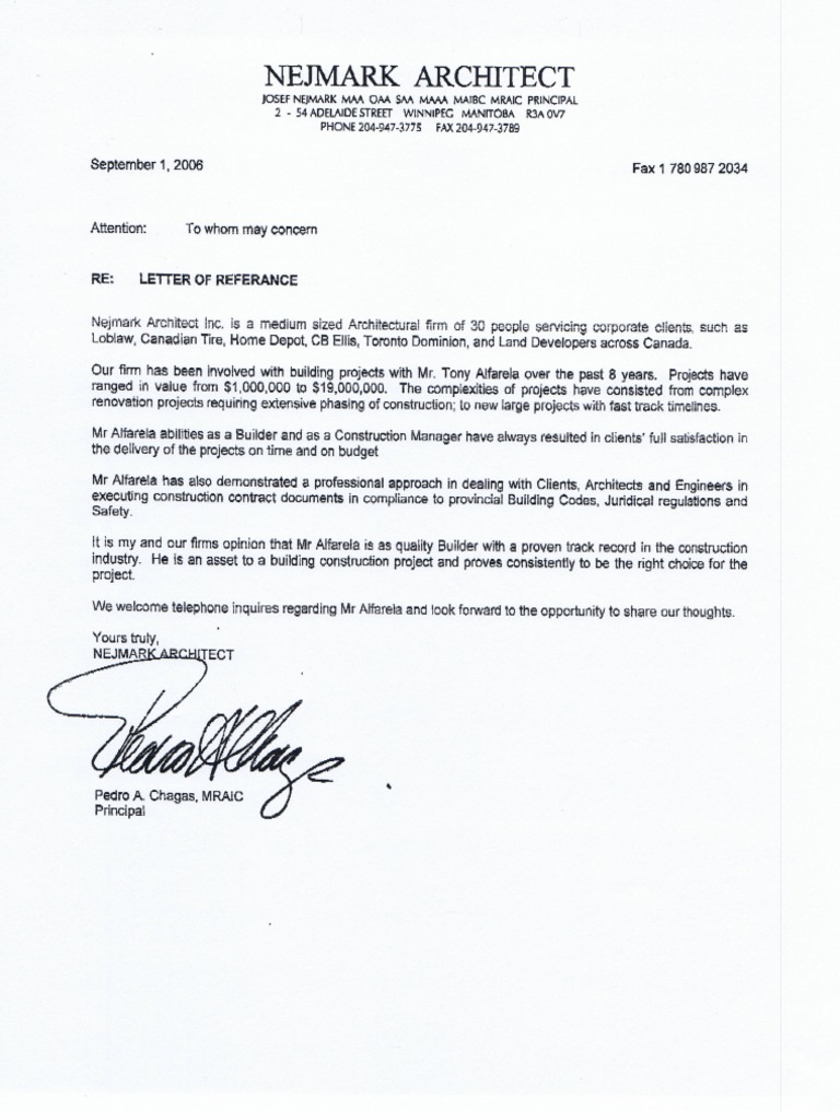Nejmark Architect Letter of Reference | PDF