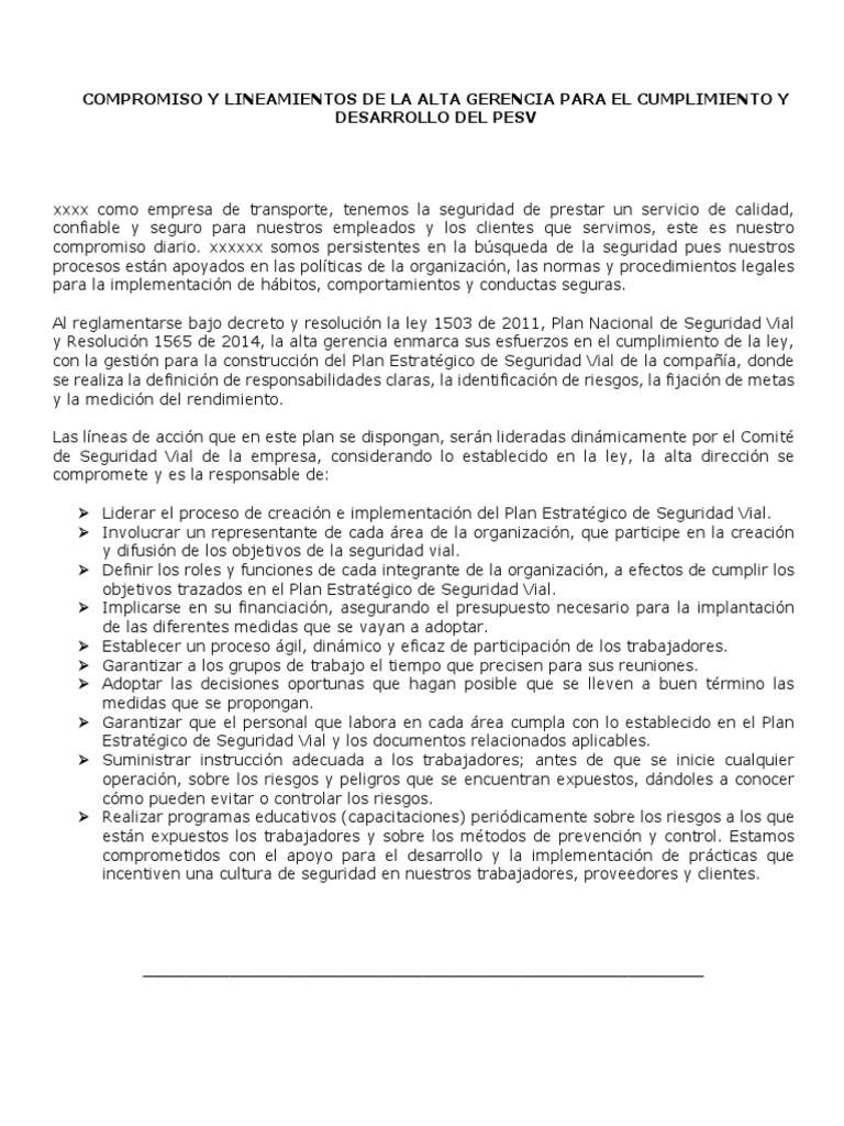 Compromiso Gerencial con el PESV | PDF | Seguridad vial | Presupuesto