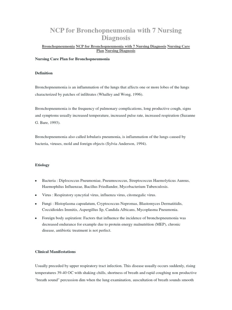 NCP For Bronchopneumonia With 7 Nursing Diagnosis | PDF | Pneumonia ...