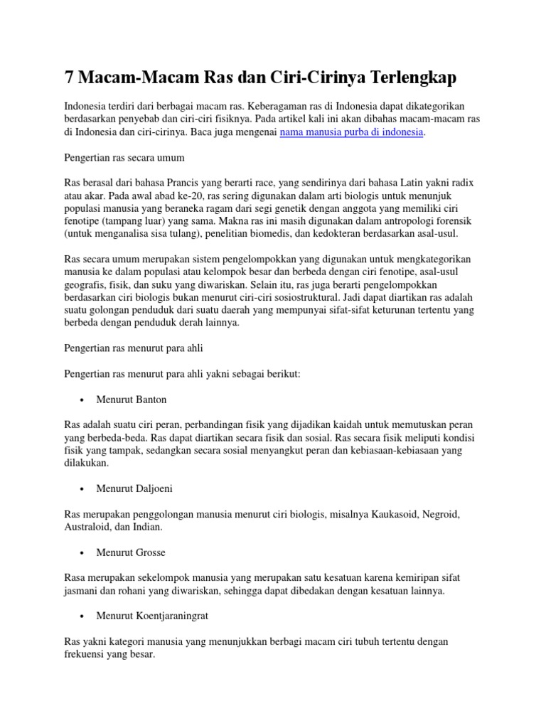 7 Macam-Macam Ras Di Indonesia Dan Ciri-Cirinya | PDF