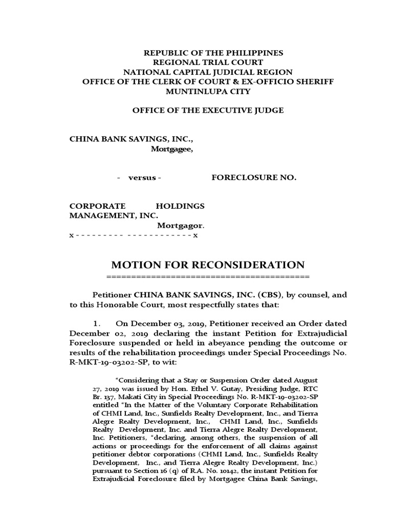 MOTION FOR RECONSIDERATION - Sample | PDF | Mortgage Law | Foreclosure