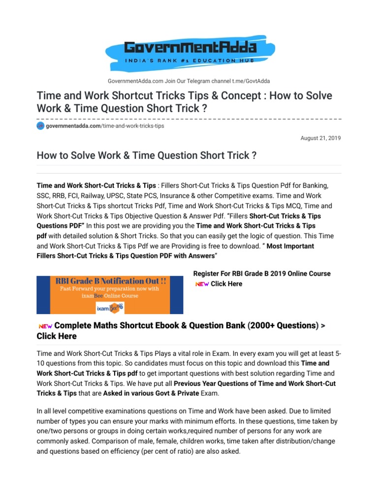 Time and Work Shortcut Tricks Tips & Concept - How To Solve Work & Time ...