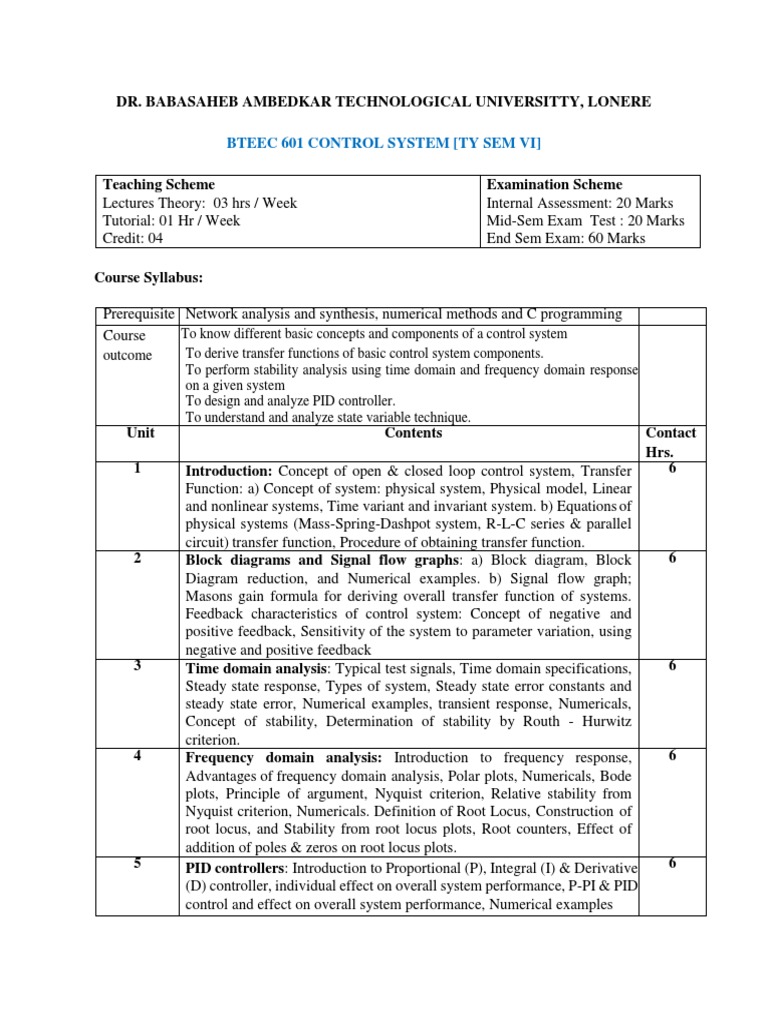 Modified Syllabus of Control System | PDF | Control Theory | Control System