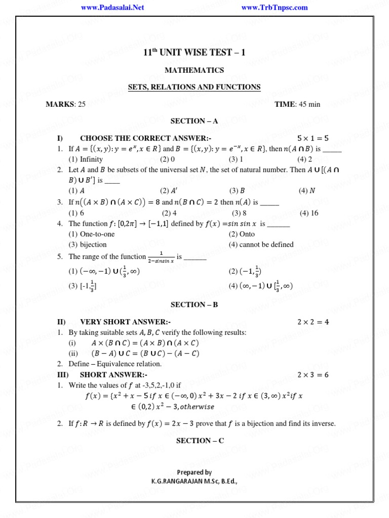 11th Maths Unit Test 1 Question Paper English Medium | PDF ...