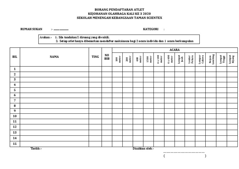 Borang Pendaftaran Atlet | PDF