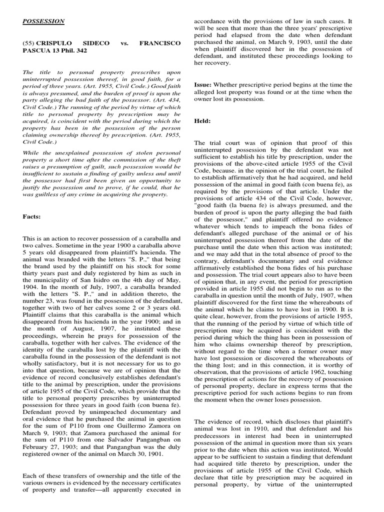 CRISPULO SIDECO vs. FRANCISCO PASCUA 13 Phil. 342 | PDF | Burden Of ...