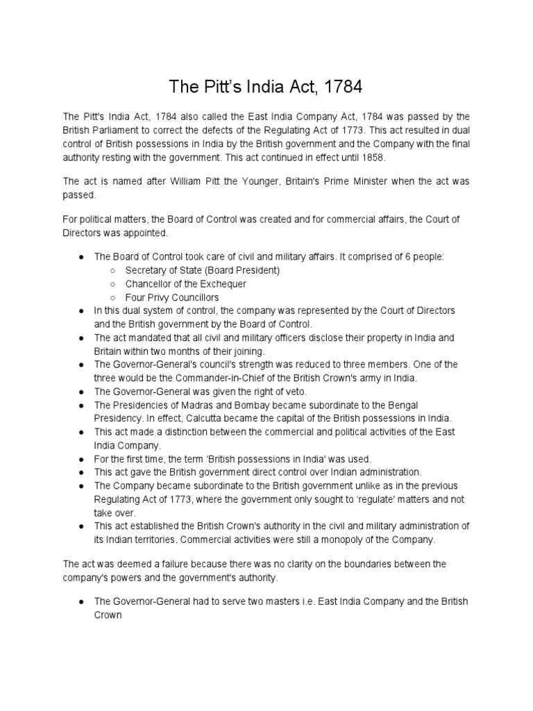 The Pitts India Act 1784 PDF | PDF | East India Company | Government Of ...