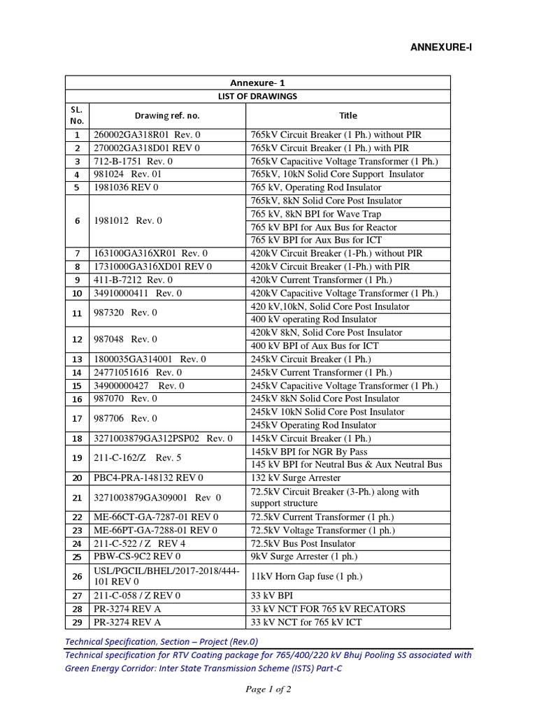 Annexure A LIST OF DRAWINGS | PDF | Transformer | Insulator (Electricity)