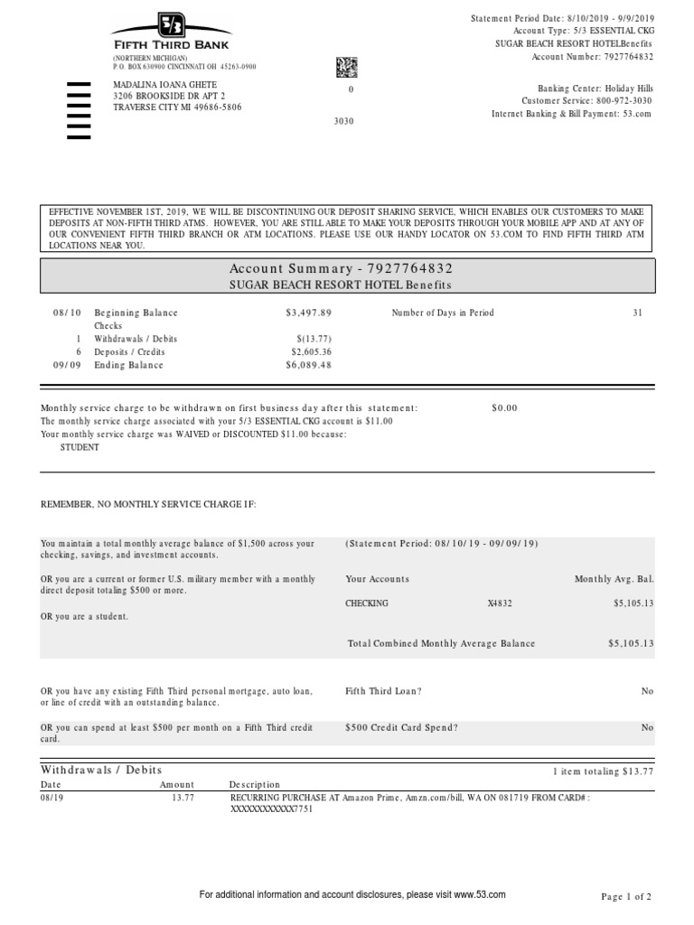Fifth Third Bank Statement Summary | PDF | Transaction Account | Credit ...