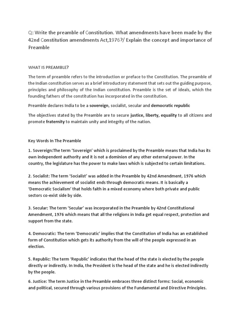 Preamble of Indian Constitution Question For LLB Exam | PDF | Ethical Principles | Political ...