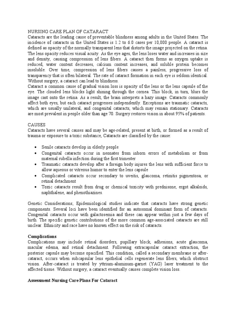 Nursing Care Plan for Cataracts | PDF | Cataract | Glaucoma
