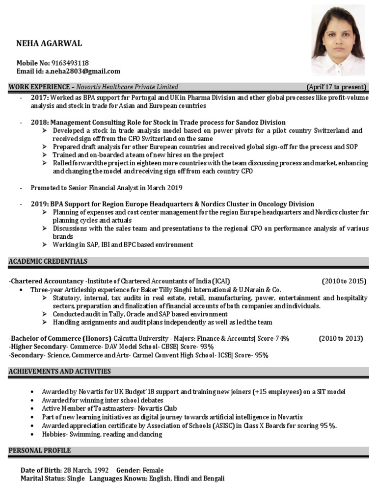 Curriculum Vitae - Neha Agarwal | Download Free PDF | Novartis | Sap Se