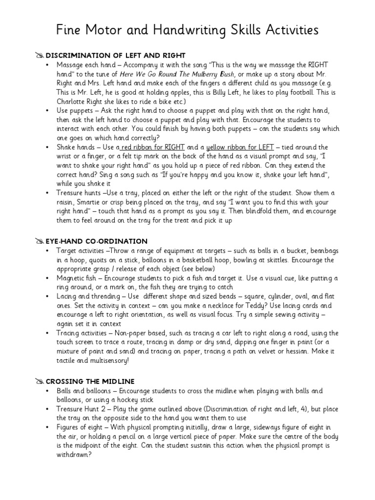 Fine Motor and Handwriting Skills Activities | PDF | Hand | Leisure