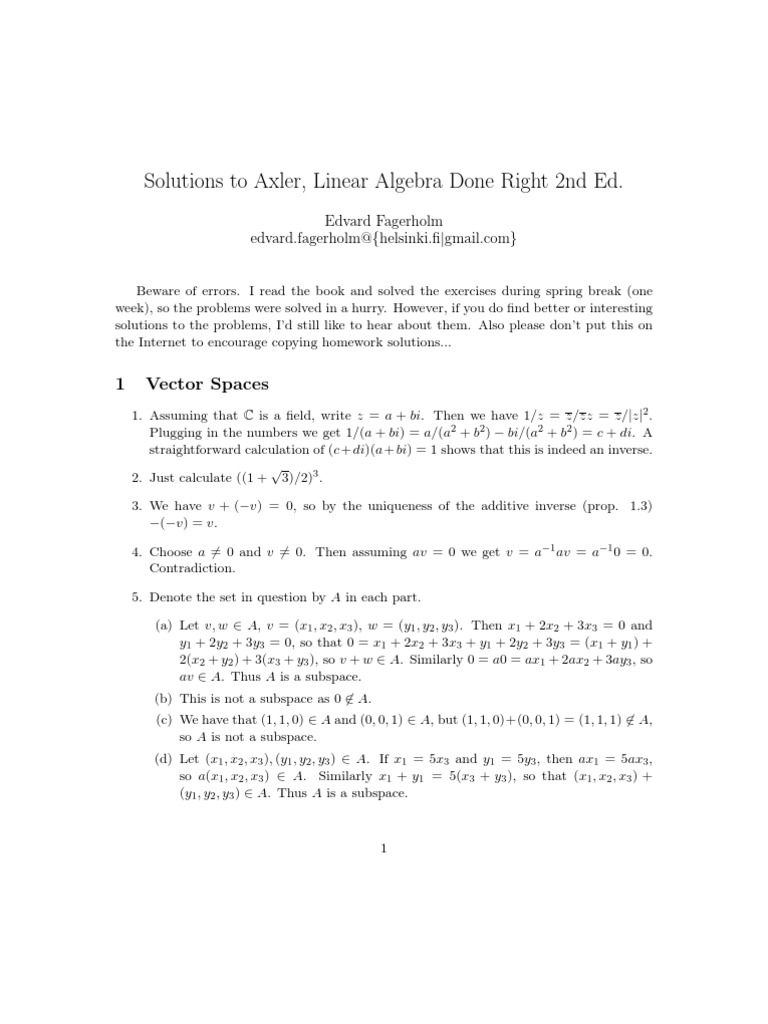 Solutions To Axler Linear Algebra Done Right | PDF | Eigenvalues And ...