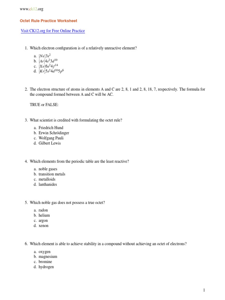 Octet Rule Practice Worksheet | PDF | Technology & Engineering