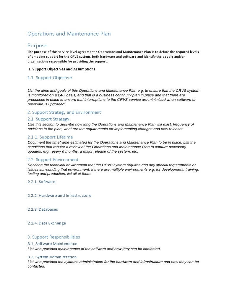 Operations and Maintenance Plan Template | PDF | Disaster Recovery | System