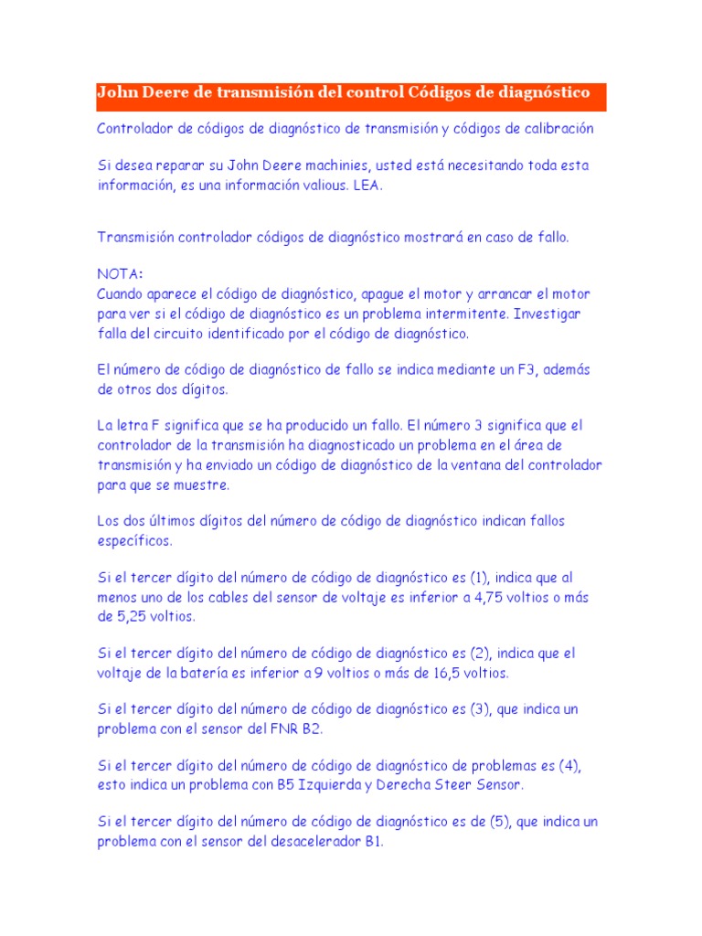 John Deere de Transmision Del Control Codigos de Diagnostico | PDF | Ingenieria Eléctrica ...