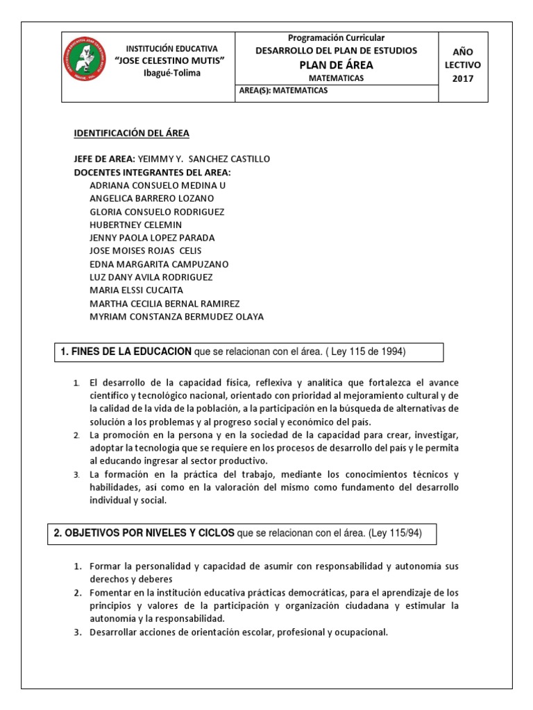 Plan De Area Matematicas 2017 Iemutis Descargar Gratis Pdf Plan De