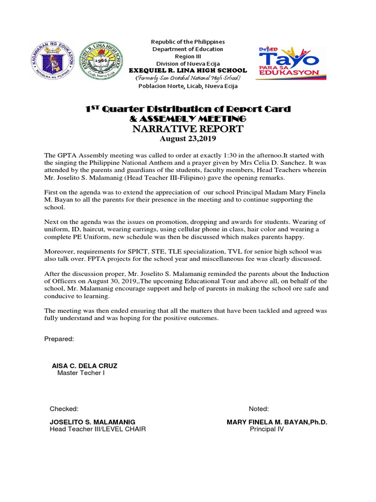 Quarterly Parent-Teacher Meetings and Report Card Distributions at Exequiel R. Lina High School ...