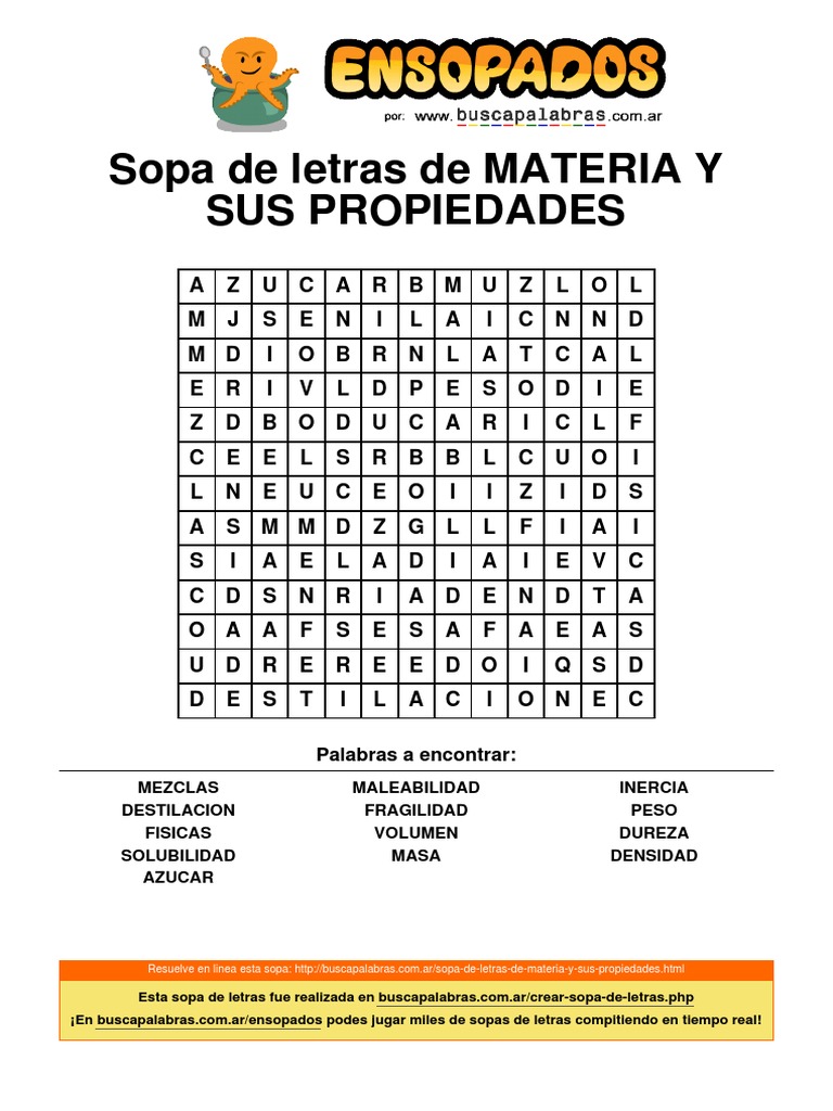 Sopa de Letras de Materia y Sus Propiedades | PDF