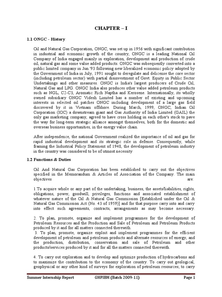Chapter - I: 1.1 ONGC - History | PDF | Natural Gas | Liquefied Natural Gas
