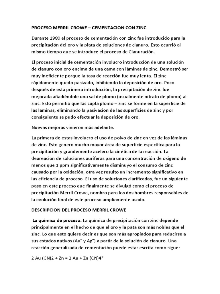 Proceso Merril Crowe - Cementacion Con Zinc | PDF | Cianuro | Oro