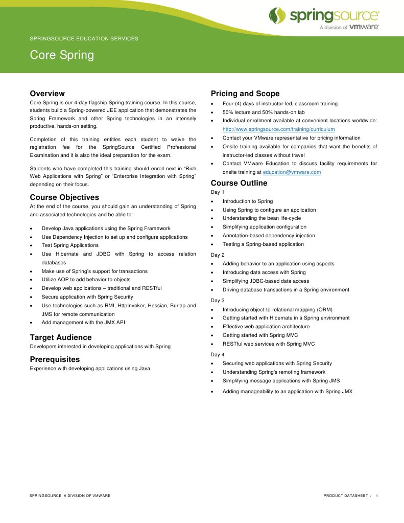Core Spring Datasheet | PDF | Spring Framework | Information Technology Management